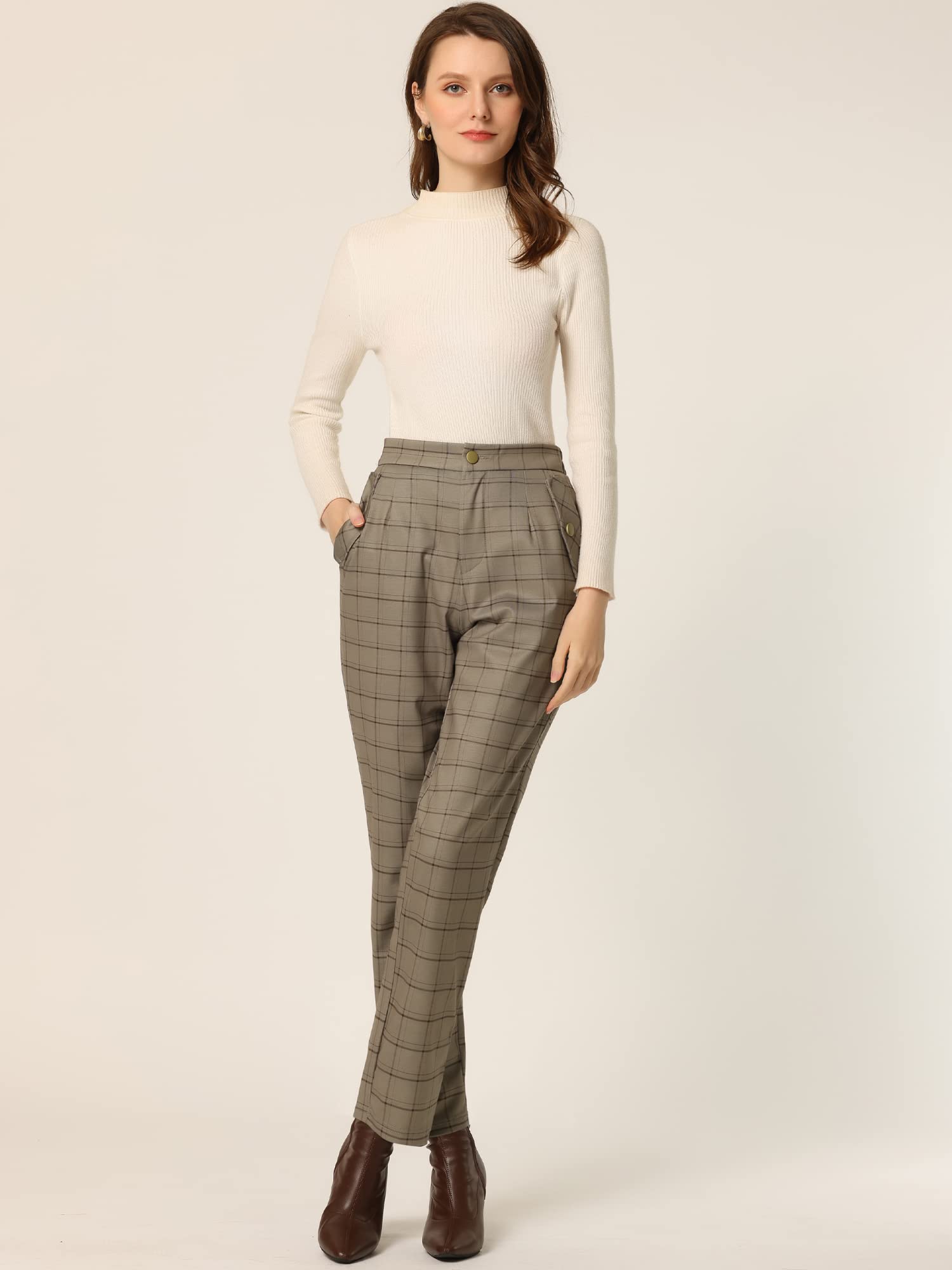 Allegra K Women's Easter Vintage Tartan Plaid Pants Elastic Waist Straight Long Trousers Medium Camel