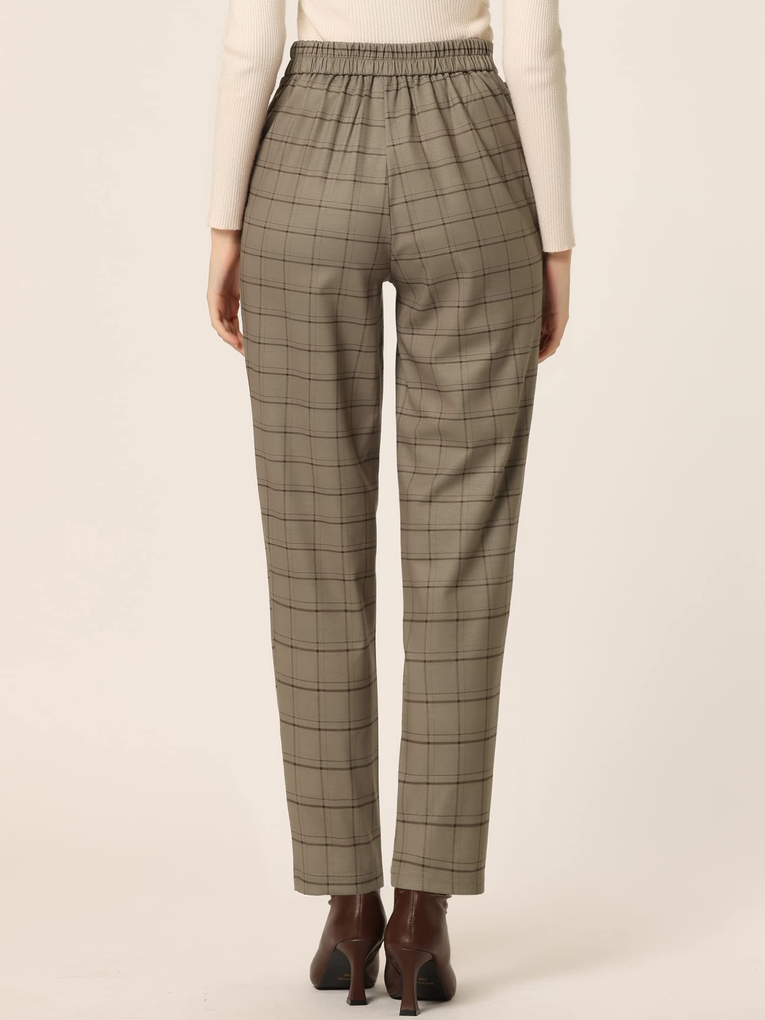 Allegra K Women's Easter Vintage Tartan Plaid Pants Elastic Waist Straight Long Trousers Medium Camel