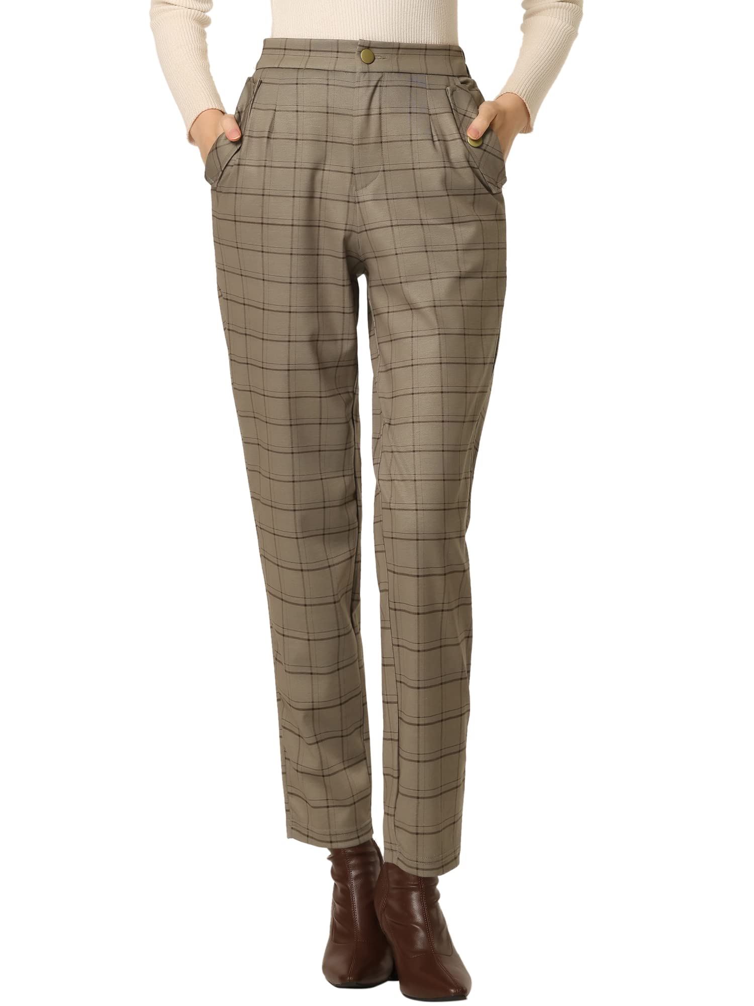 Allegra K Women's Easter Vintage Tartan Plaid Pants Elastic Waist Straight Long Trousers Medium Camel