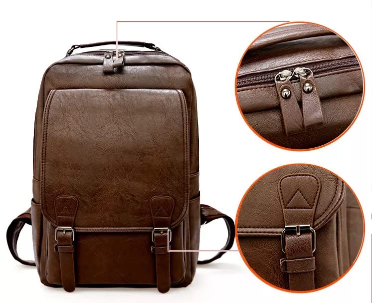 Vintage PU Leather College Backpack Trendy Business Casual Waterproof Bag Laptop Backpack with USB Unisex For Adult Youth (Brown)