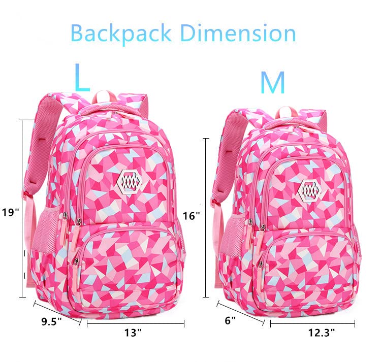 BEFUNIRISE School Backpack Girls Geometric Printed Primary Junior Middle High College Kids Boy Bookbag (Rosy, Large)