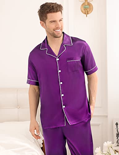 SWOMOG Mens Satin Silky Pajama Set Short Sleeve Classic Sleepwear Button Down Loungewear with Long Pants Purple Large