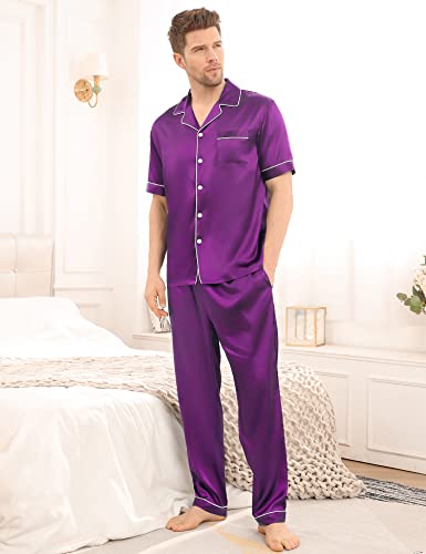 SWOMOG Mens Satin Silky Pajama Set Short Sleeve Classic Sleepwear Button Down Loungewear with Long Pants Purple Large