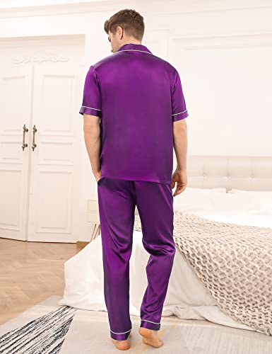 SWOMOG Mens Satin Silky Pajama Set Short Sleeve Classic Sleepwear Button Down Loungewear with Long Pants Purple Large