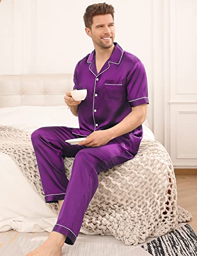 SWOMOG Mens Satin Silky Pajama Set Short Sleeve Classic Sleepwear Button Down Loungewear with Long Pants Purple Large
