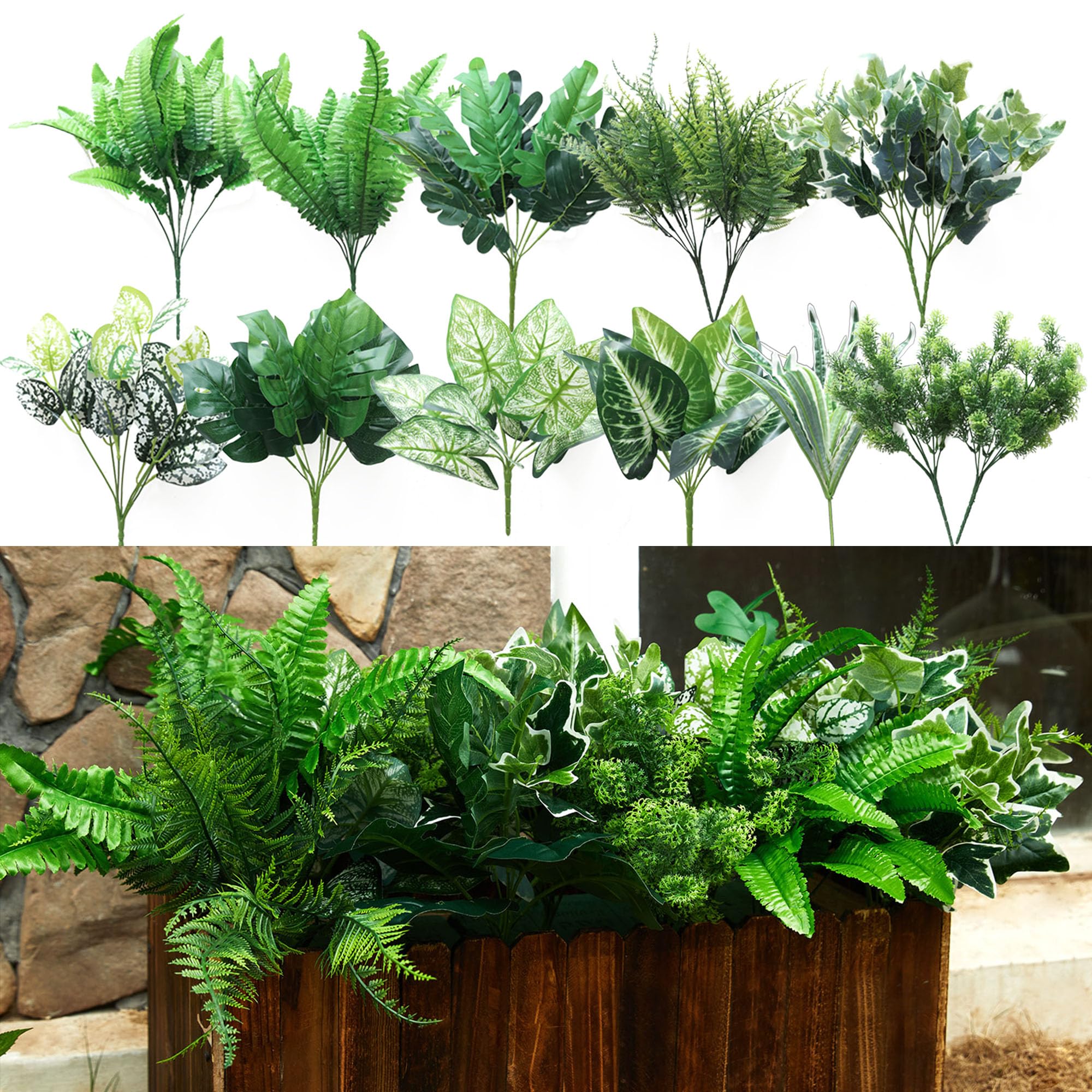 PARTY JOY 14 Bunches Fake Plants Outdoor, Fake Bushes UV Resistant Artificial Flowers Greenery Shrubs Faux Greenery for Outdoor Garden Patio Front Porch Yard Decor
