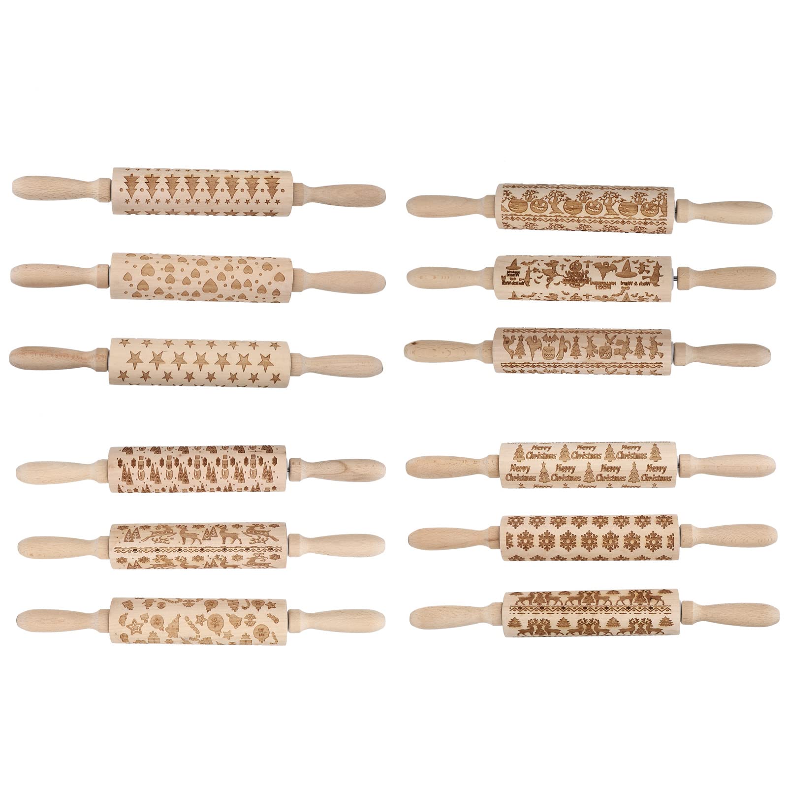 3Pcs Rolling Pin, Embossing Wooden Rolling Pin 3D Engraved Rolling Pin Cute Patterns Dough Roller (English Christmas tree + snowflake + pair of deer)