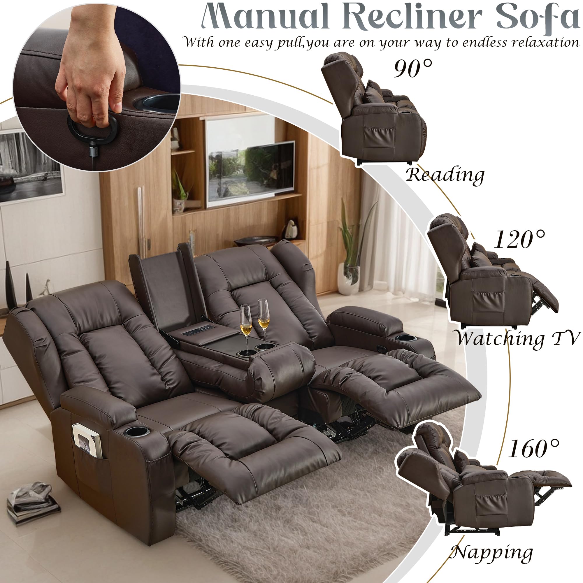 URRED Loveseat Recliner Sofa for Living Room, 67" RV Loveseat Sofa Home Theater Seating with Flipped Backrest Console, Wall Hugger, Hide Storage, Cup Holders (Faux Leather, Brown)