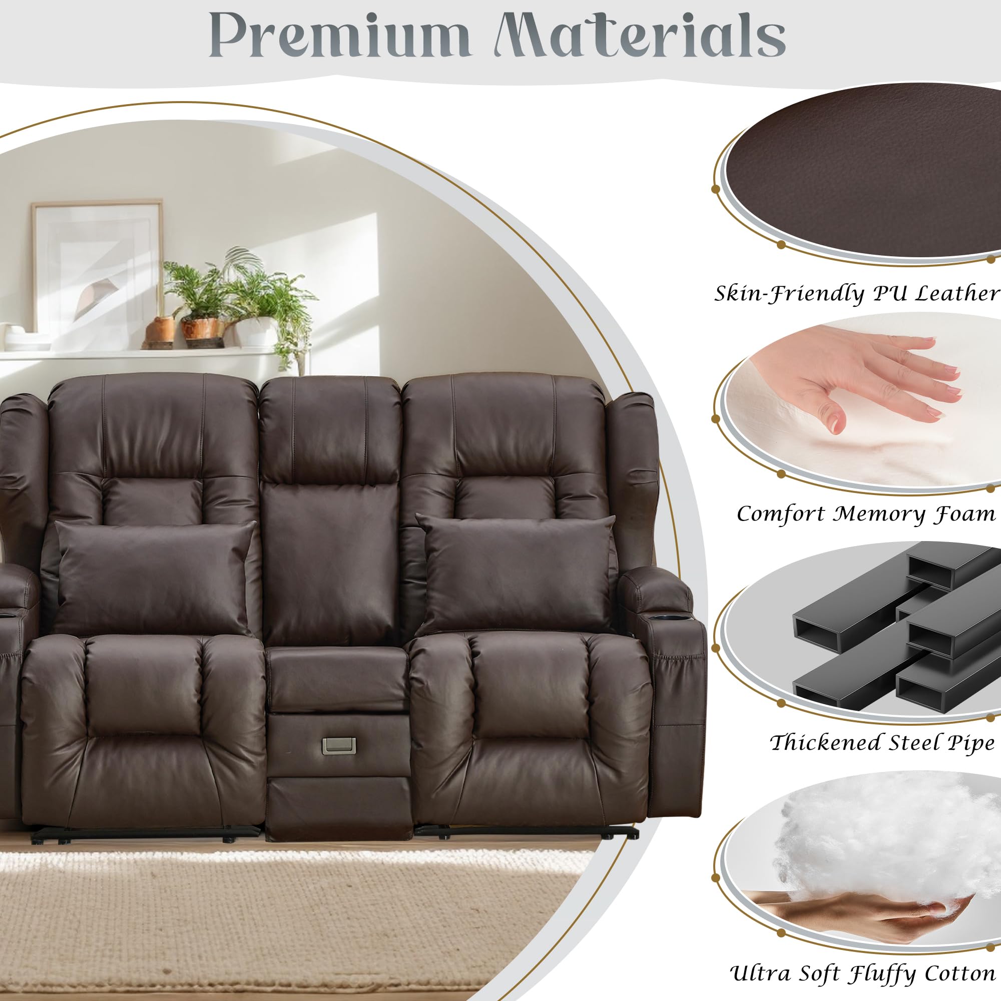 URRED Loveseat Recliner Sofa for Living Room, 67" RV Loveseat Sofa Home Theater Seating with Flipped Backrest Console, Wall Hugger, Hide Storage, Cup Holders (Faux Leather, Brown)