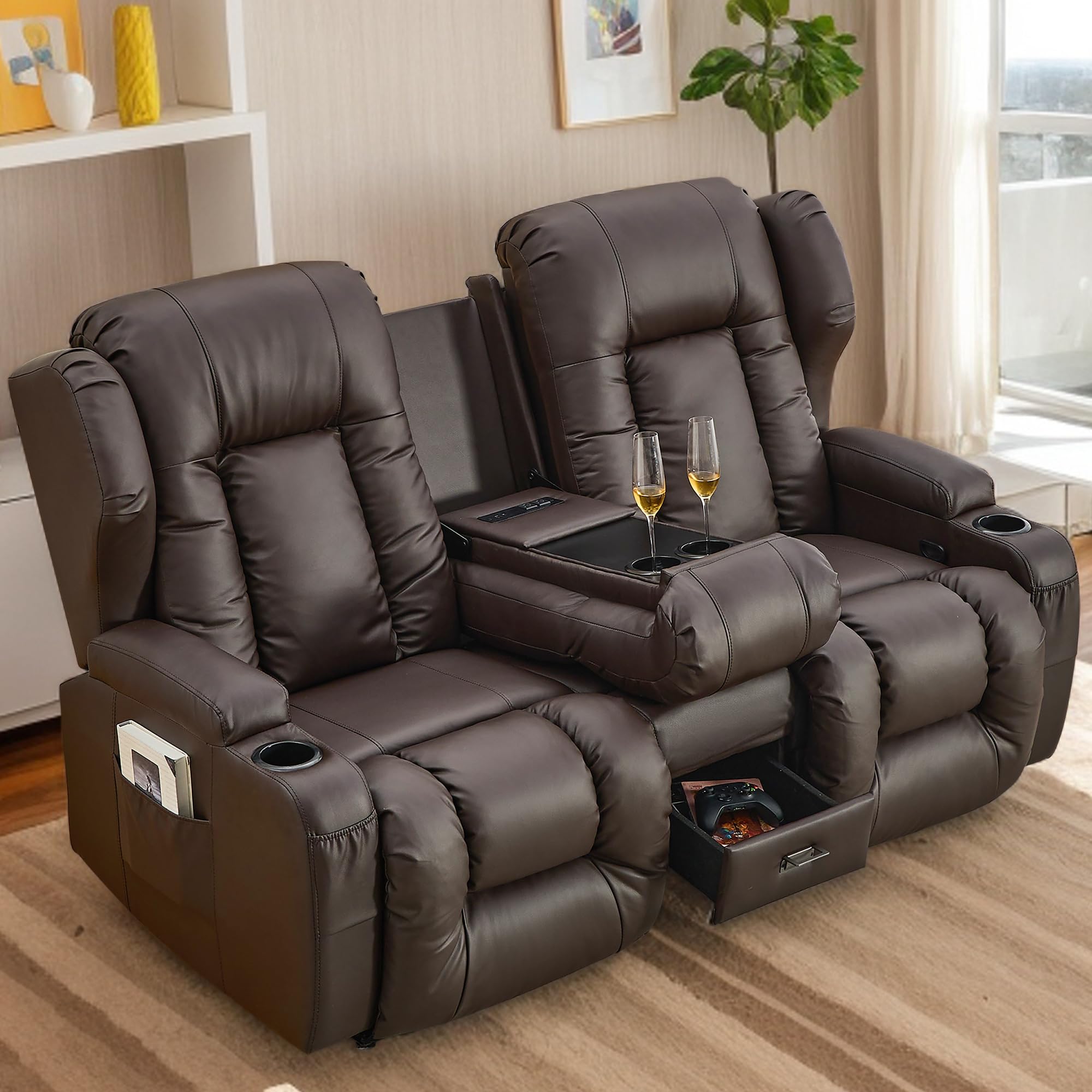 URRED Loveseat Recliner Sofa for Living Room, 67" RV Loveseat Sofa Home Theater Seating with Flipped Backrest Console, Wall Hugger, Hide Storage, Cup Holders (Faux Leather, Brown)