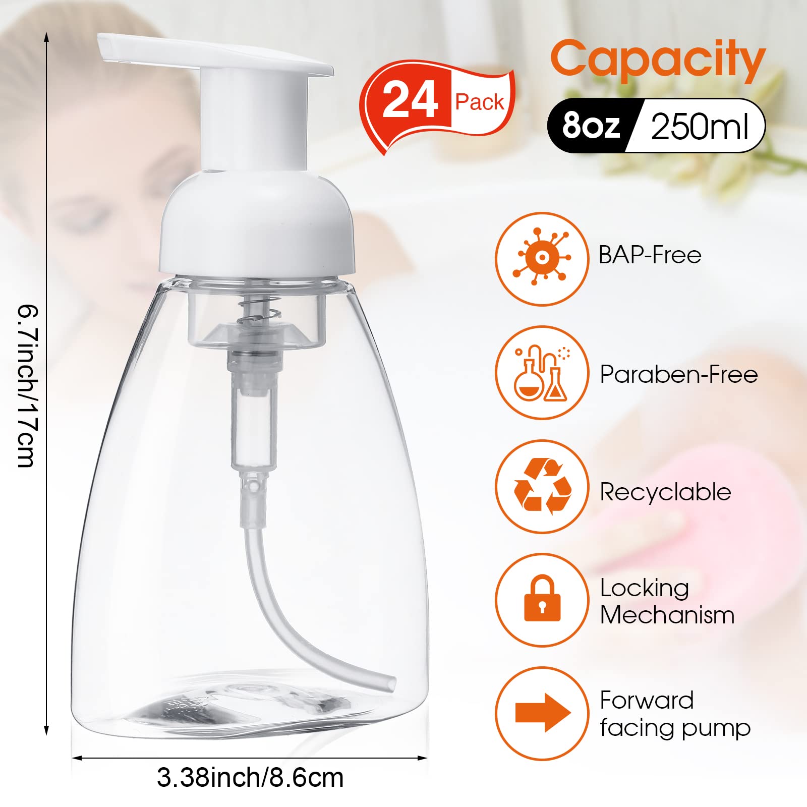 24 Pack 24 Pcs 8 oz Foaming Soap Dispenser Foaming Pump Bottle Pump Bottles Hand Soap Pump Foam Dispenser Bottle Plastic Press Bottles Empty Refillable Plastic Container for Liquid Soap Shampoo