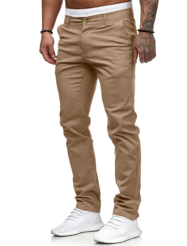 HUNGSON Men Skinny Slim Fit Casual Jeans Dyeing Stretch Straight Fashion Denim Pants(Khaki,36)
