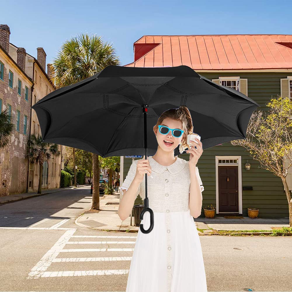 LANBRELLA Umbrella No Drip Umbrella Double Layer Inverted Umbrella C Shaped Handle Windproof Compact Folding - Black