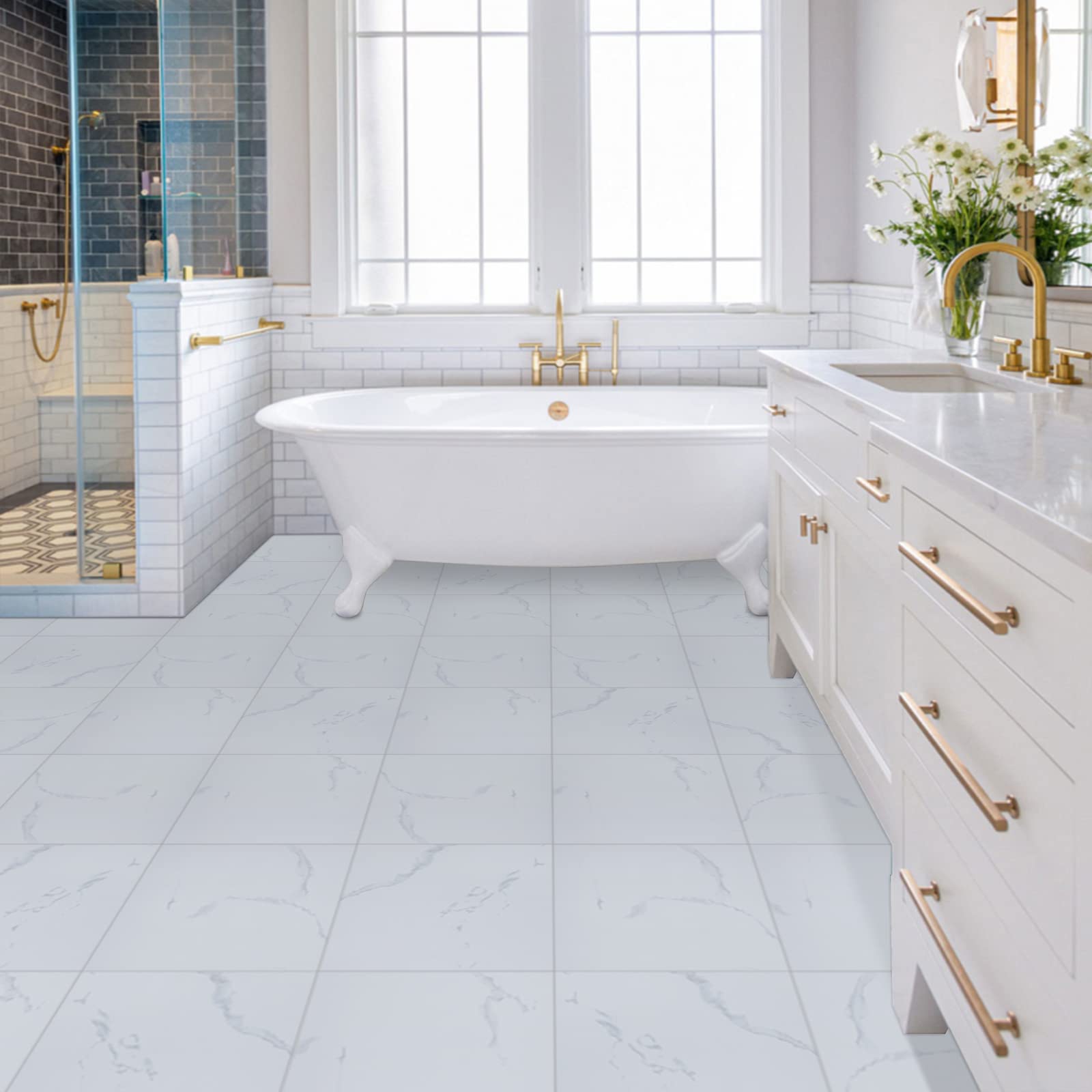 20 PCS Peel and Stick Floor Tile Waterproof and Durable Vinyl Flooring for Bathroom Self Adhesive Flooring for Transfer Kitchen Bedroom Marble Look with Grey Vein 12x12 Inch