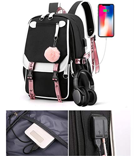 HANXIUCAO Girl Backpack 20-35L Large Capacity Oxford Cloth School Bag Outdoor Rucksackwith USB Charging and Headphone Port for Students (black and pink)