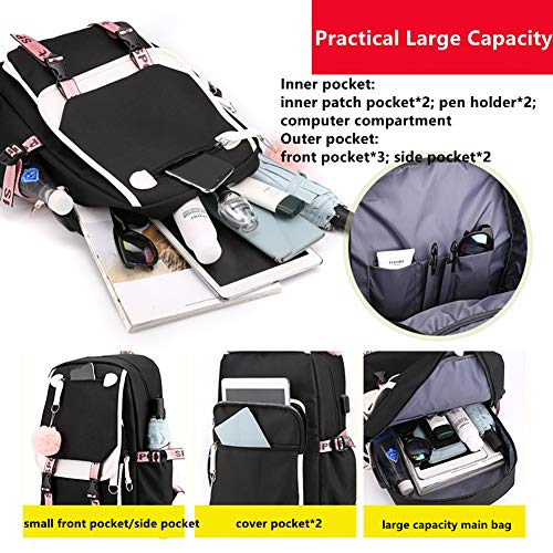 HANXIUCAO Girl Backpack 20-35L Large Capacity Oxford Cloth School Bag Outdoor Rucksackwith USB Charging and Headphone Port for Students (black and pink)