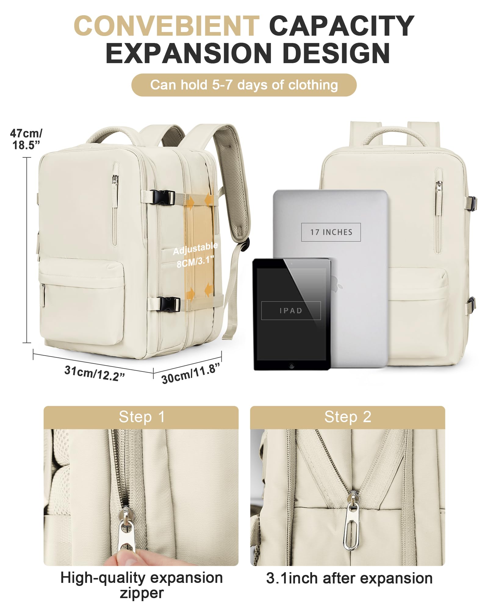 Large Travel Laptop Backpack, Expandable Flight Approved Backpack, Carry on Backpack for Women, Waterproof 17inch Laptop Hiking Backpack with Shoe Compartment, Beige
