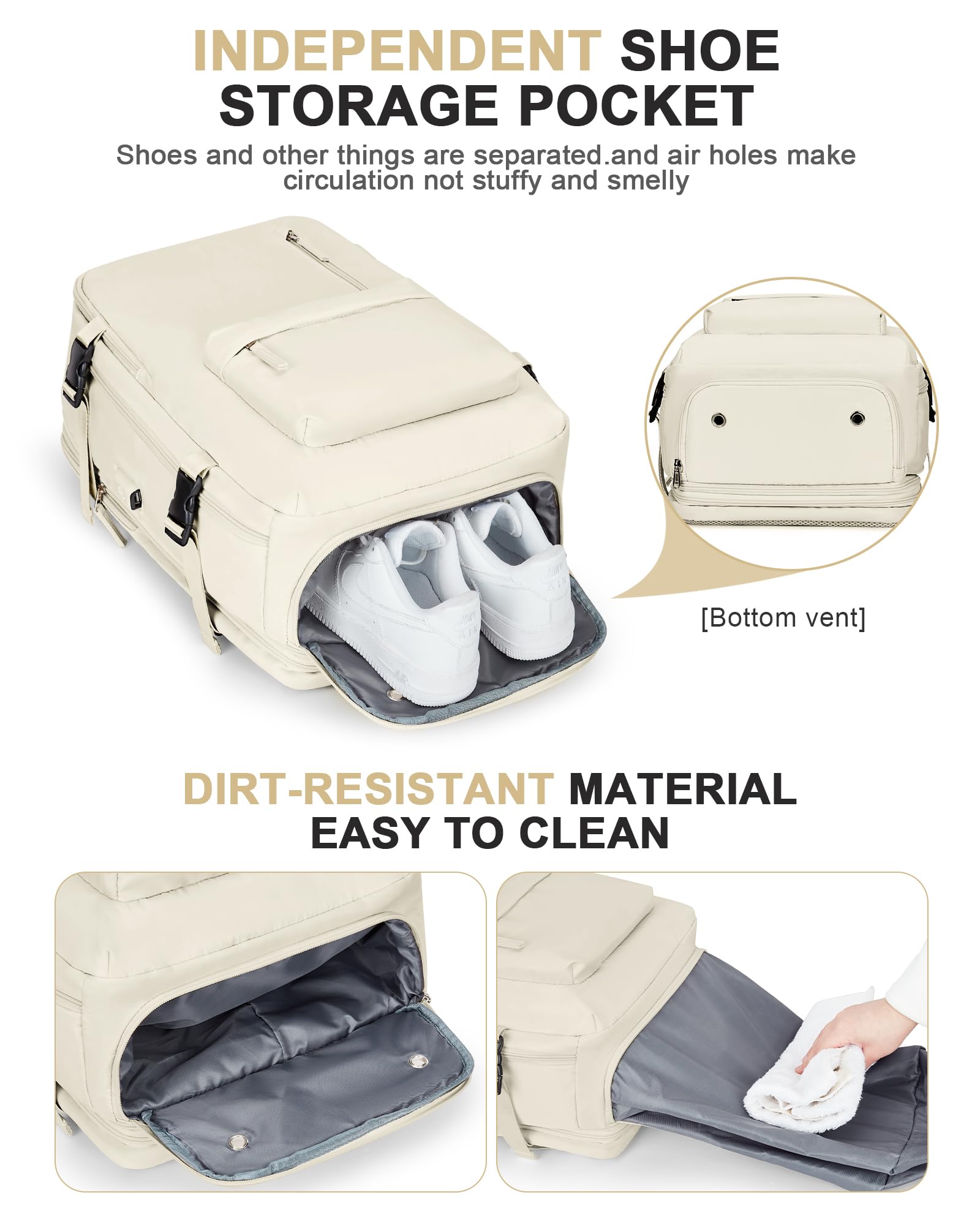 Large Travel Laptop Backpack, Expandable Flight Approved Backpack, Carry on Backpack for Women, Waterproof 17inch Laptop Hiking Backpack with Shoe Compartment, Beige