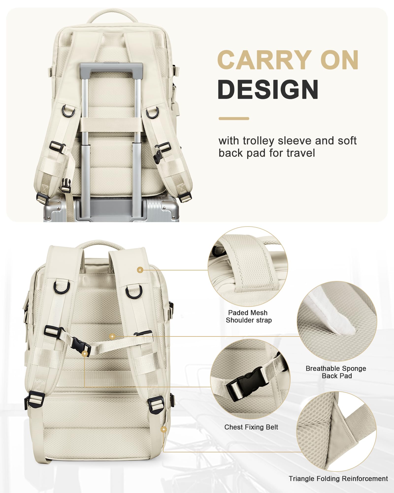 Large Travel Laptop Backpack, Expandable Flight Approved Backpack, Carry on Backpack for Women, Waterproof 17inch Laptop Hiking Backpack with Shoe Compartment, Beige