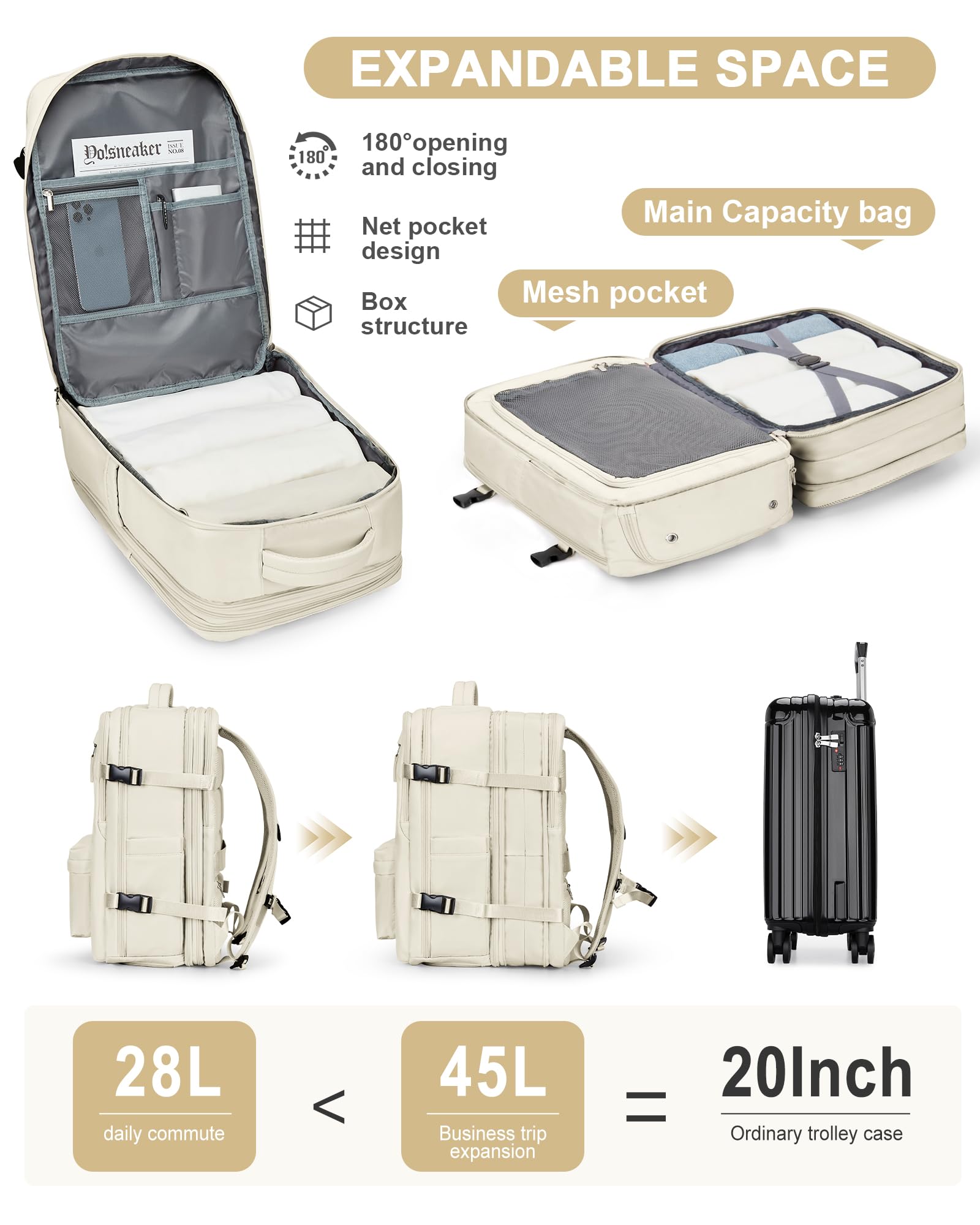 Large Travel Laptop Backpack, Expandable Flight Approved Backpack, Carry on Backpack for Women, Waterproof 17inch Laptop Hiking Backpack with Shoe Compartment, Beige