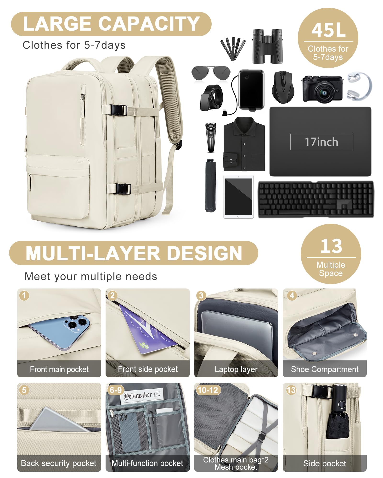 Large Travel Laptop Backpack, Expandable Flight Approved Backpack, Carry on Backpack for Women, Waterproof 17inch Laptop Hiking Backpack with Shoe Compartment, Beige