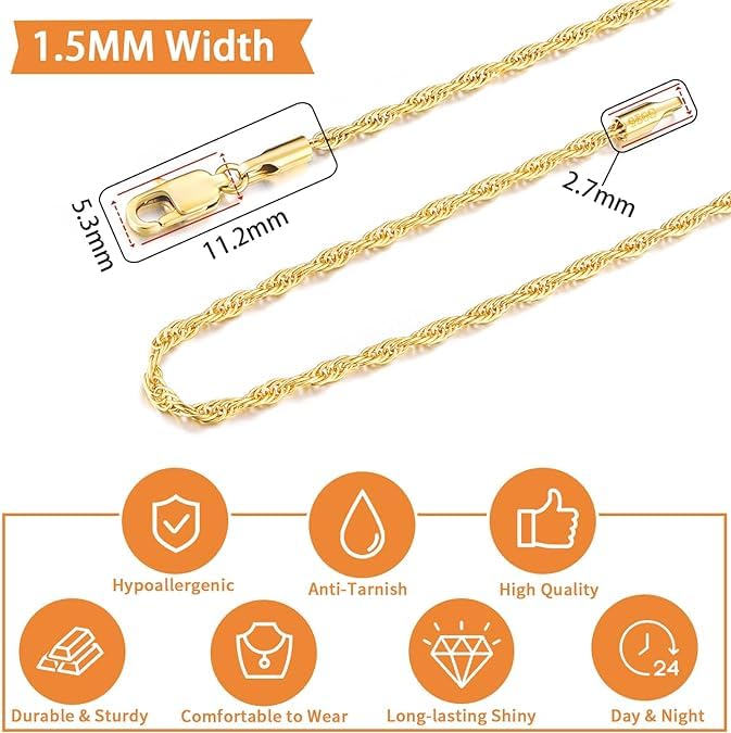 Andsion Solid 18k Gold Plated Necklace Over Rope Chain for Men,1.5MM Dainty Shiny Sturdy Women's Upgraded Lobster Clasp Rope Chain Necklace Italian Quality 20 Inch Choker Length