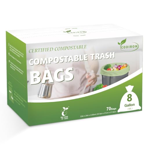 100% Compostable Trash Bags, 8 Gallon, 30 Liter, 0.85 Mils, 70 Count Large Kitchen Food Scrap Compost Bags for Kitchen Step Trash Cans with Europe EN13432 Certified