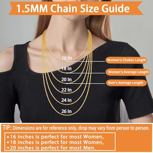 Andsion Solid 18k Gold Plated Necklace Over Rope Chain for Men,1.5MM Dainty Shiny Sturdy Women's Upgraded Lobster Clasp Rope Chain Necklace Italian Quality 20 Inch Choker Length