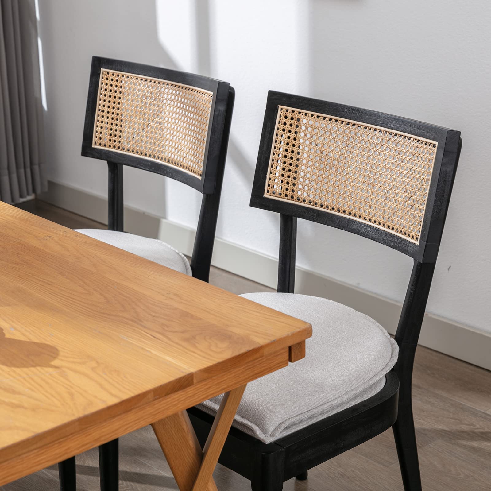 ZHENGHAO Rattan Dining Chairs Set of 2, French Country Cane Back Kitchen Chairs Upholstered Retro Comfy Chairs with Wood Legs for Dining Room, Black