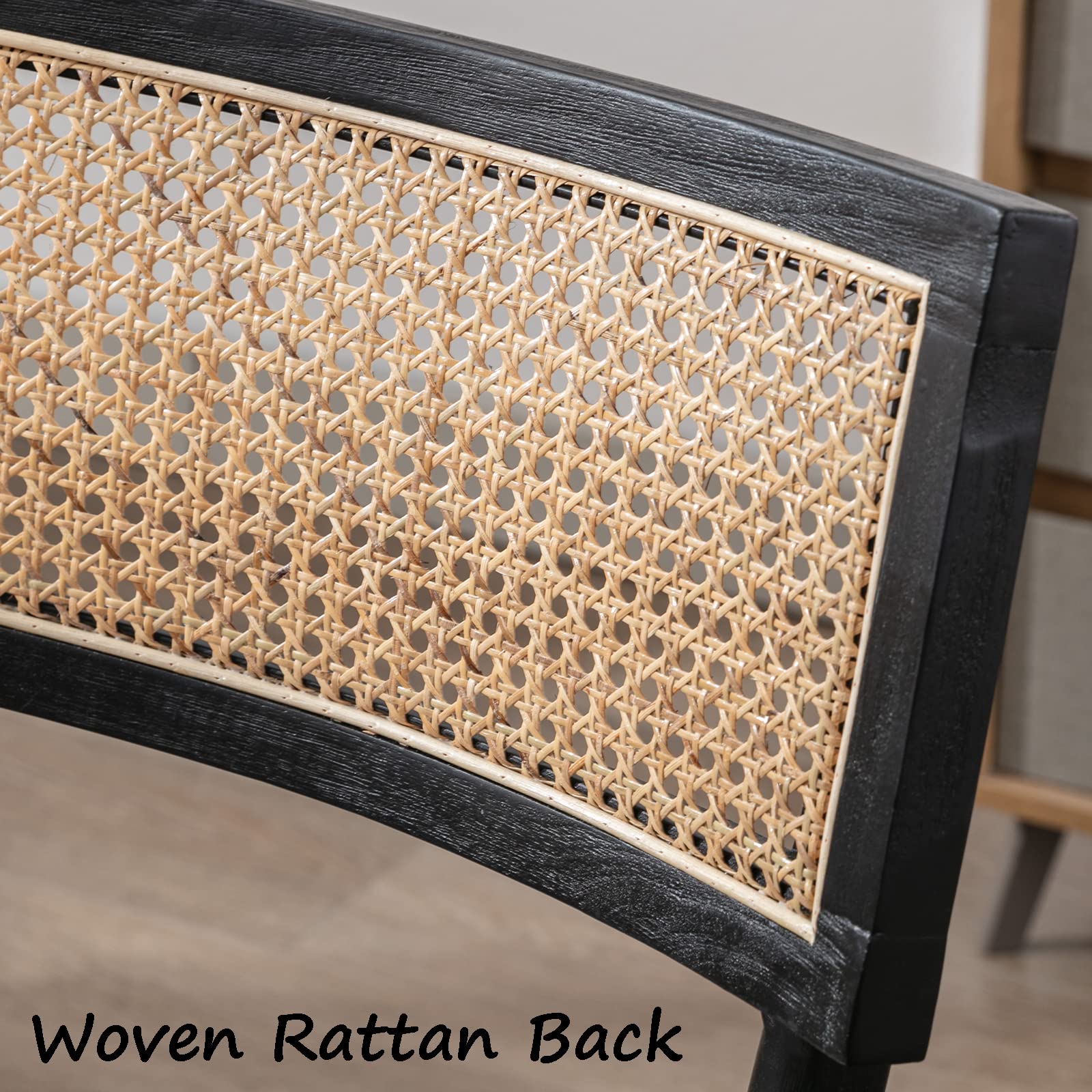ZHENGHAO Rattan Dining Chairs Set of 2, French Country Cane Back Kitchen Chairs Upholstered Retro Comfy Chairs with Wood Legs for Dining Room, Black
