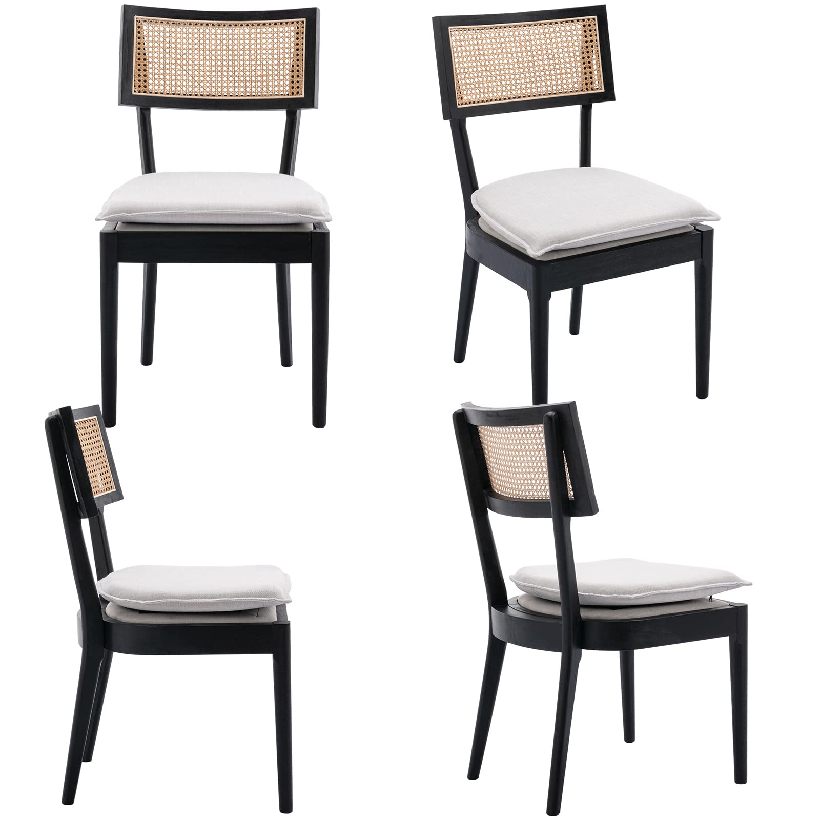 ZHENGHAO Rattan Dining Chairs Set of 2, French Country Cane Back Kitchen Chairs Upholstered Retro Comfy Chairs with Wood Legs for Dining Room, Black