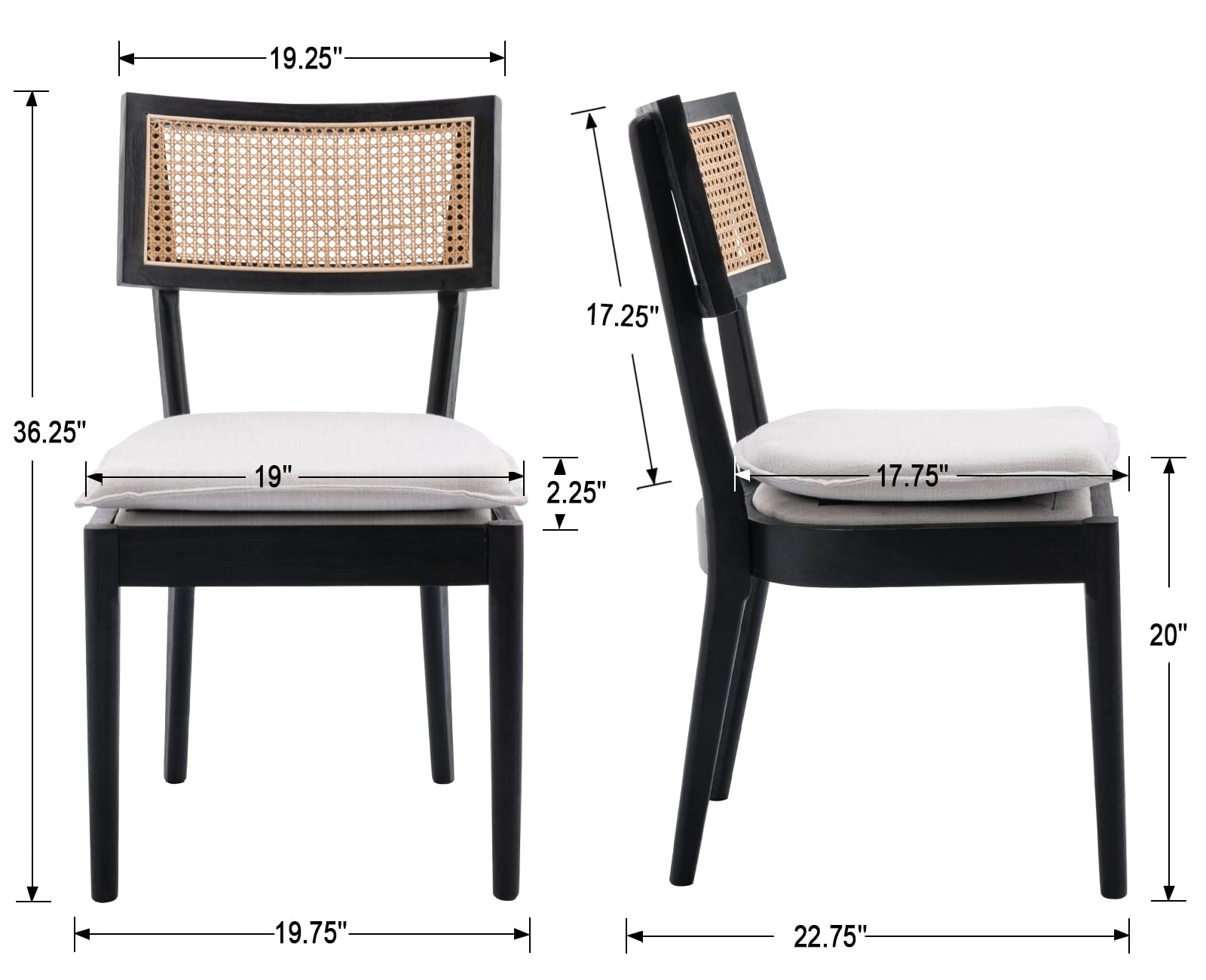 ZHENGHAO Rattan Dining Chairs Set of 2, French Country Cane Back Kitchen Chairs Upholstered Retro Comfy Chairs with Wood Legs for Dining Room, Black