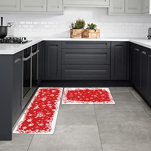 Christmas Snowflake 2PC Memory Foam Kitchen Mats Rectangle Water Absorbent Kitchen Rugs, Anti-Skid Floor Mat for Sink, Hallway 23.6x35.4in+23.6x70.9in Red White Texture Geometric Patterns