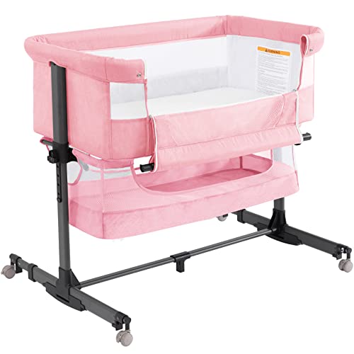 nordmiex 3 in 1 Baby Crib Bedside Crib,Baby Bassinet with Breathable Net,Adjustable Portable Bed for Infant/Baby,Pink, 10.0 kilograms