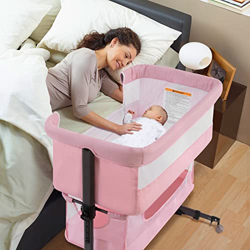nordmiex 3 in 1 Baby Crib Bedside Crib,Baby Bassinet with Breathable Net,Adjustable Portable Bed for Infant/Baby,Pink, 10.0 kilograms
