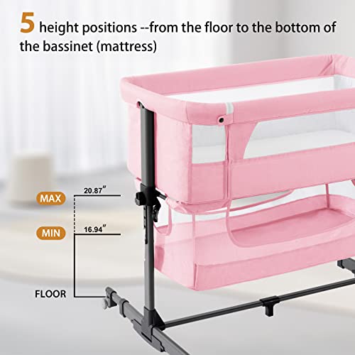 nordmiex 3 in 1 Baby Crib Bedside Crib,Baby Bassinet with Breathable Net,Adjustable Portable Bed for Infant/Baby,Pink, 10.0 kilograms