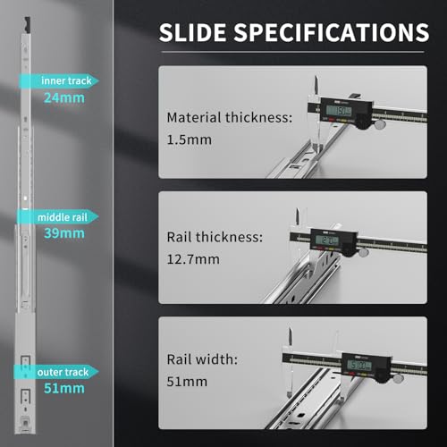 PHWALK 1 Pair 12 Inch 150 Lb Heavy Duty Drawer Slides with Lock Full Extension Ball Bearing Cabinet Telescoping Sliding Rails Tool Box Runners Tracks Glides Side Mount (with Lock, 12 inch)