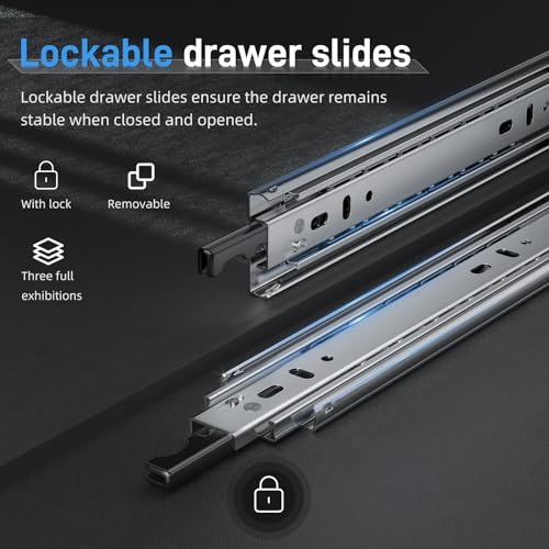 PHWALK 1 Pair 12 Inch 150 Lb Heavy Duty Drawer Slides with Lock Full Extension Ball Bearing Cabinet Telescoping Sliding Rails Tool Box Runners Tracks Glides Side Mount (with Lock, 12 inch)