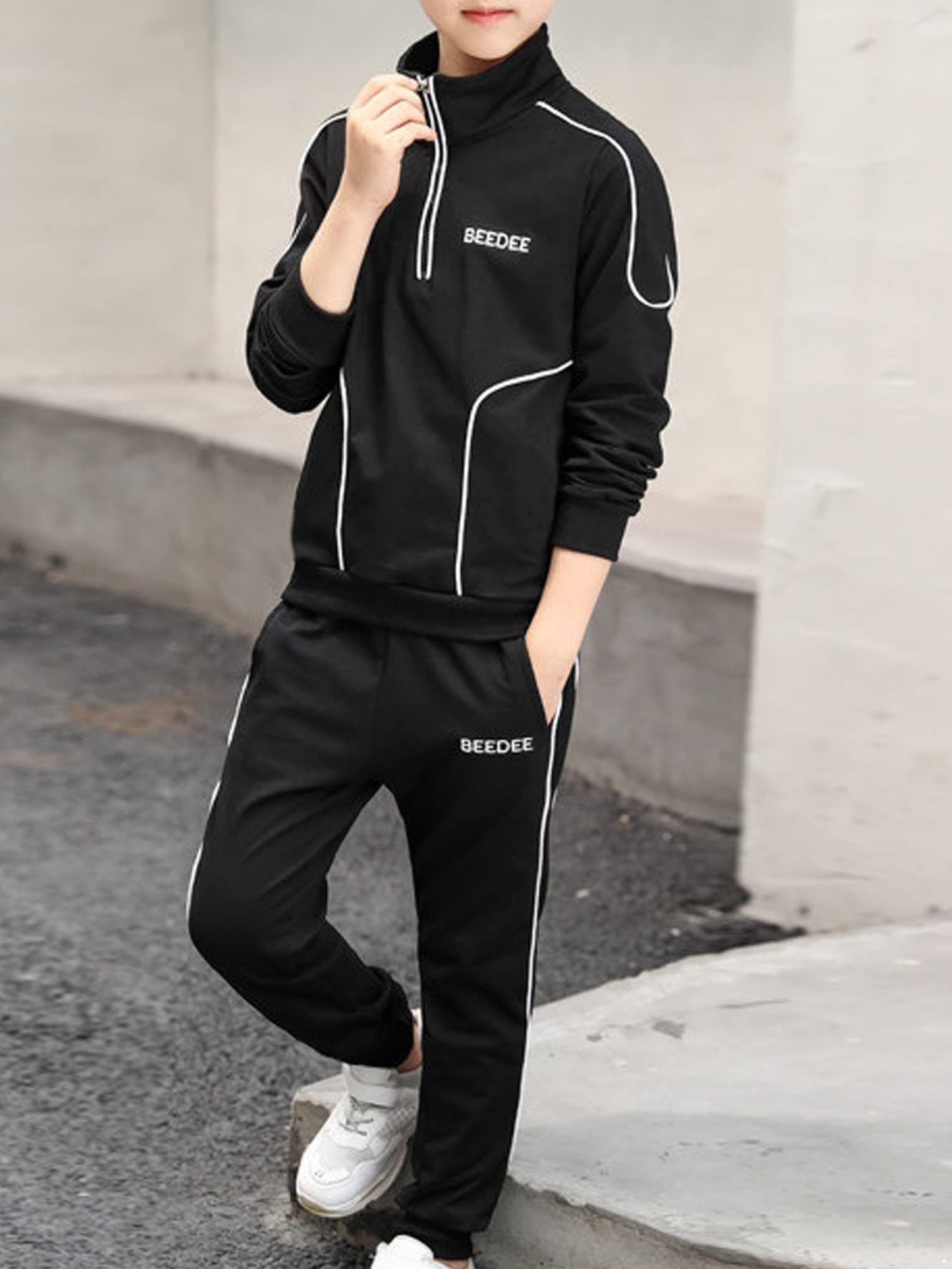 Hansber Kids Boys 2 Piece Tracksuit Sweatsuit Zip Up Turtleneck Long Sleeve Sweatshirt with Sweatpants Set Black 7-8 Years