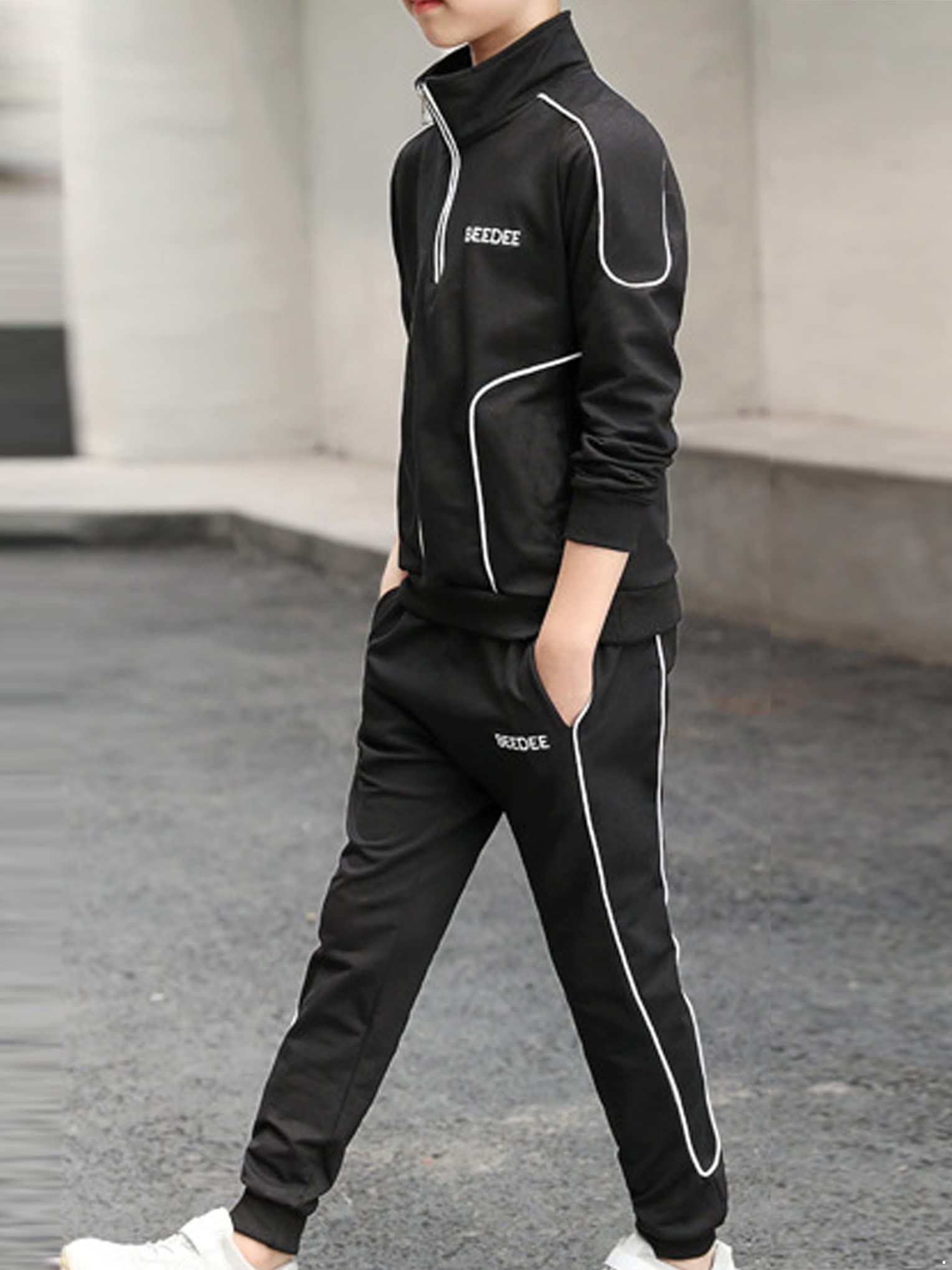 Hansber Kids Boys 2 Piece Tracksuit Sweatsuit Zip Up Turtleneck Long Sleeve Sweatshirt with Sweatpants Set Black 7-8 Years