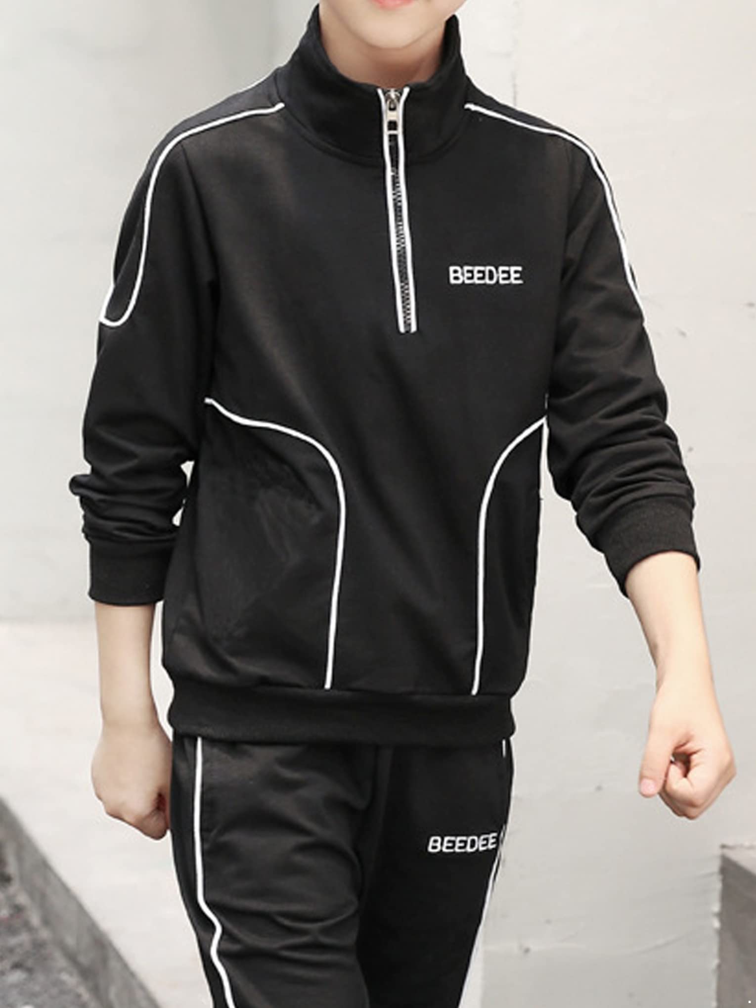 Hansber Kids Boys 2 Piece Tracksuit Sweatsuit Zip Up Turtleneck Long Sleeve Sweatshirt with Sweatpants Set Black 7-8 Years