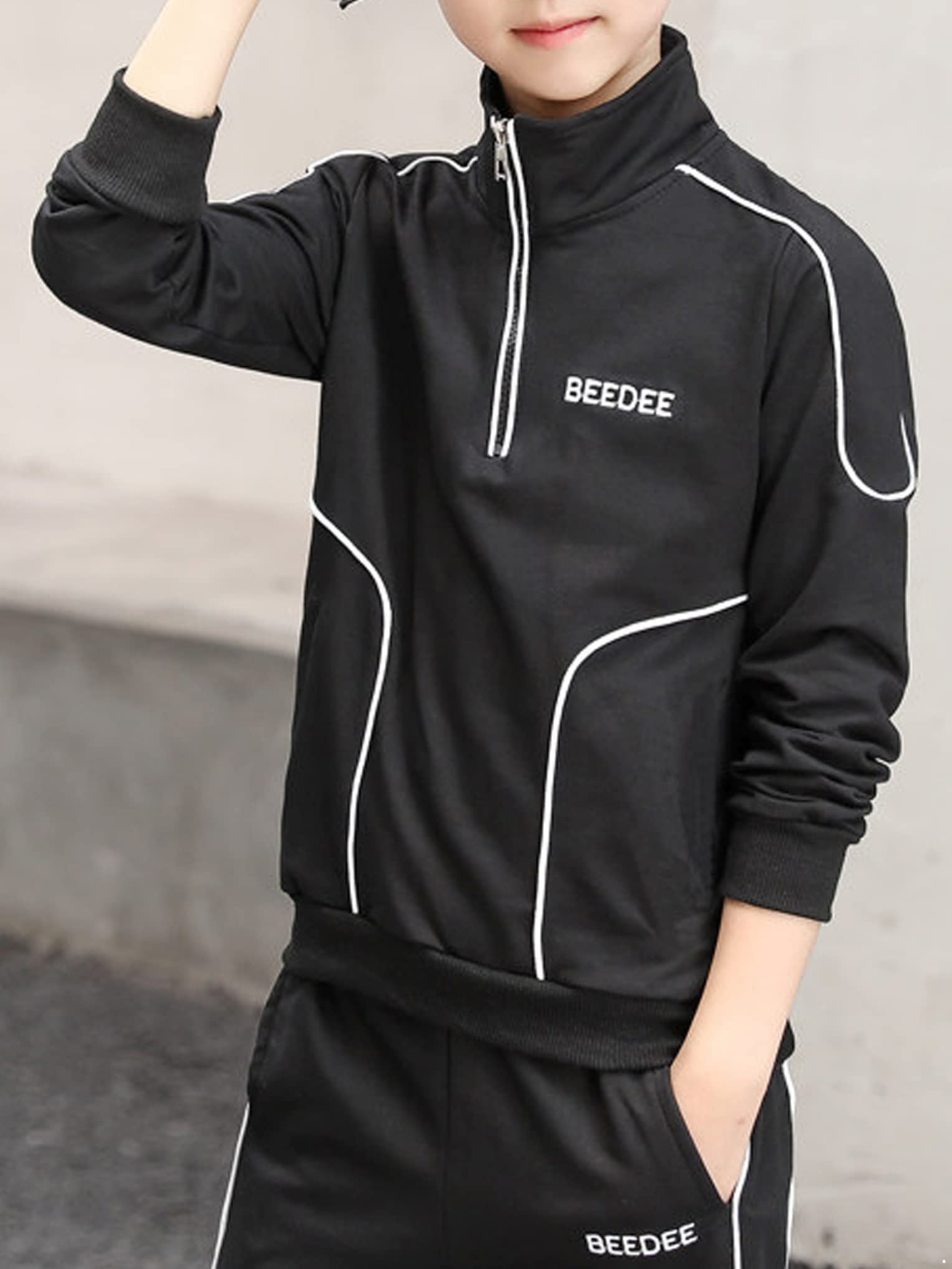 Hansber Kids Boys 2 Piece Tracksuit Sweatsuit Zip Up Turtleneck Long Sleeve Sweatshirt with Sweatpants Set Black 7-8 Years