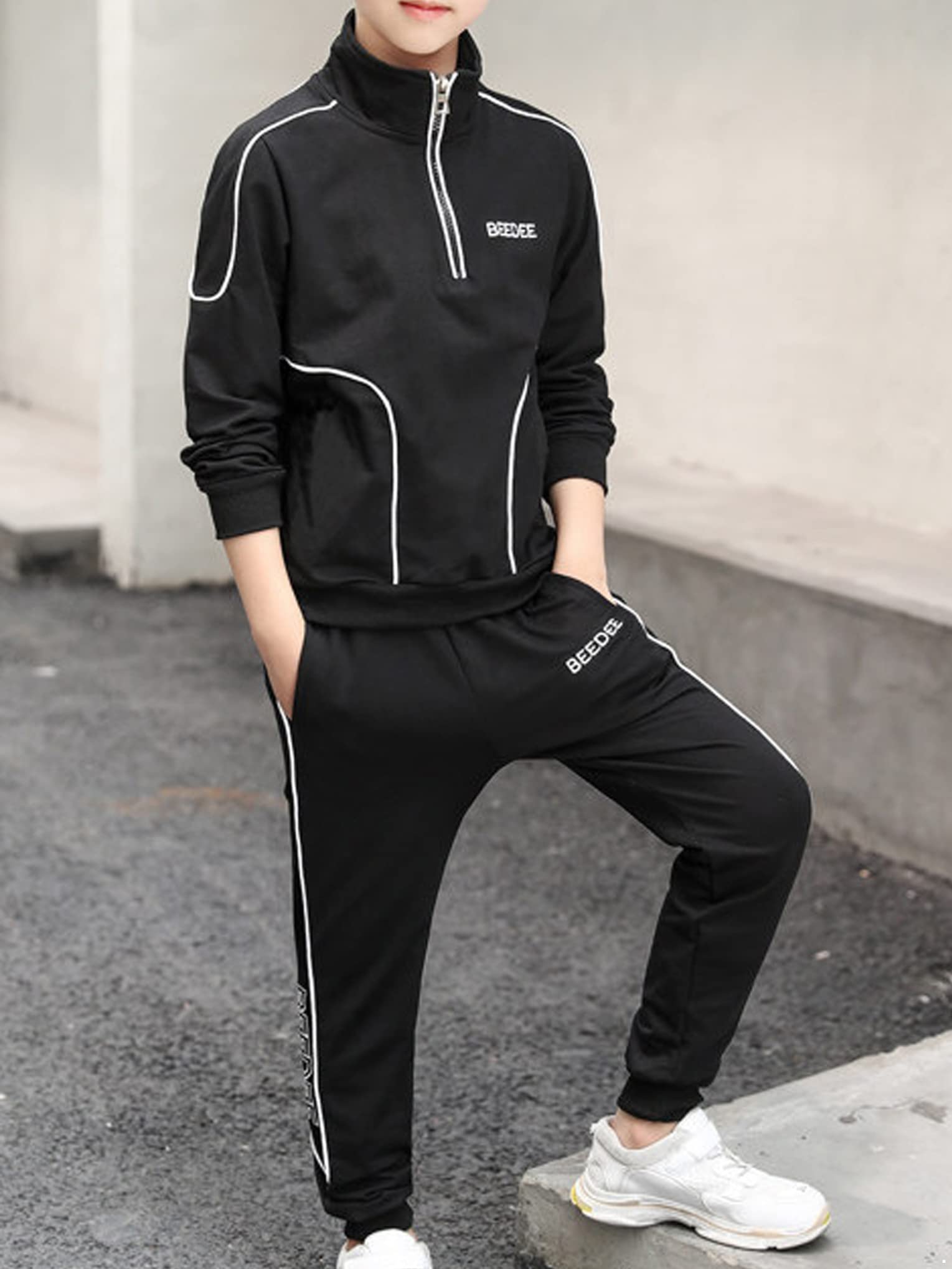 Hansber Kids Boys 2 Piece Tracksuit Sweatsuit Zip Up Turtleneck Long Sleeve Sweatshirt with Sweatpants Set Black 7-8 Years