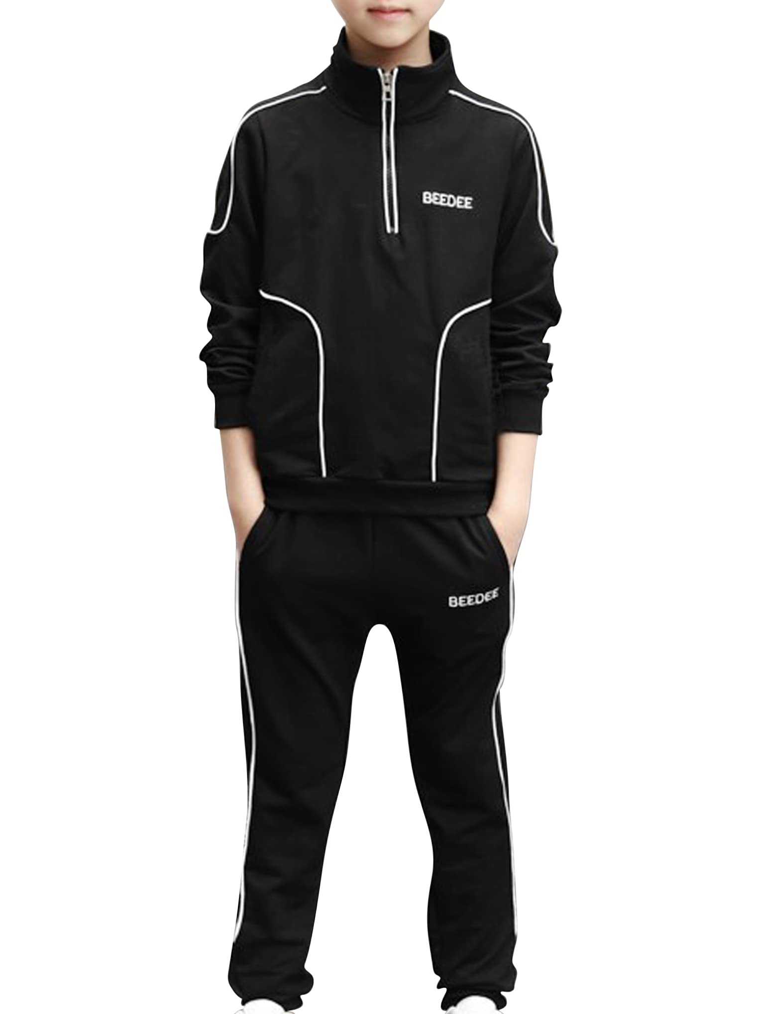 Hansber Kids Boys 2 Piece Tracksuit Sweatsuit Zip Up Turtleneck Long Sleeve Sweatshirt with Sweatpants Set Black 7-8 Years