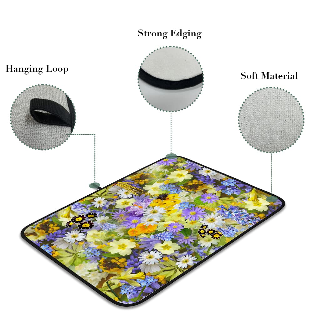 Spring Garden Dish Drying Mat for Kitchen Counter Farmhouse Colorful Netherlands Flower Dishes Pad Reversible Microfiber Absorbent Machine Washable (16'' x 18'')
