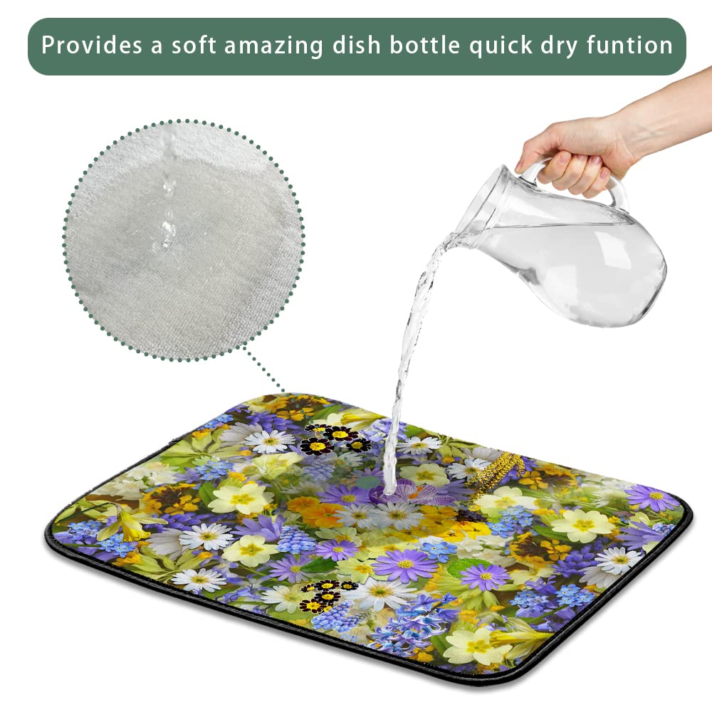 Spring Garden Dish Drying Mat for Kitchen Counter Farmhouse Colorful Netherlands Flower Dishes Pad Reversible Microfiber Absorbent Machine Washable (16'' x 18'')