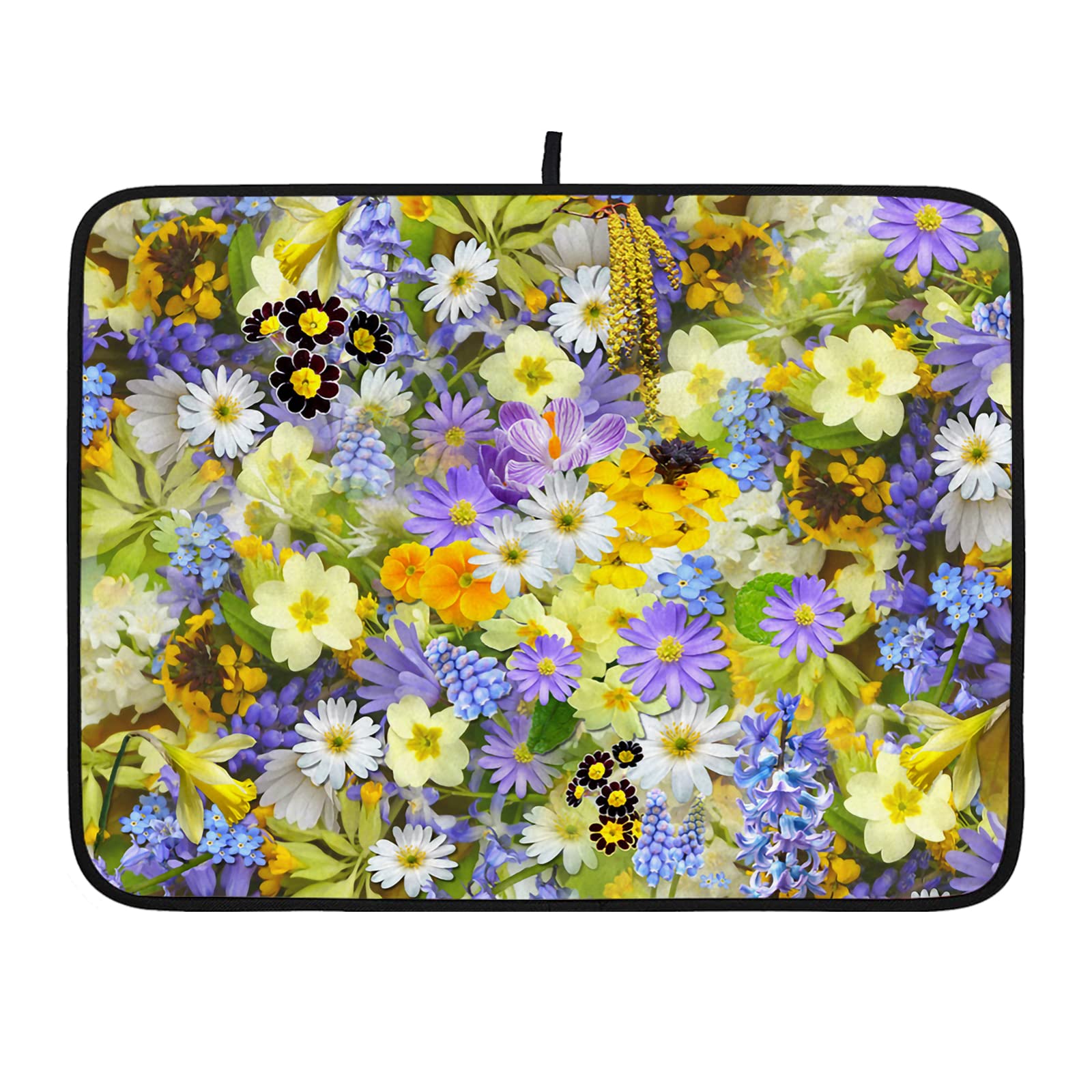 Spring Garden Dish Drying Mat for Kitchen Counter Farmhouse Colorful Netherlands Flower Dishes Pad Reversible Microfiber Absorbent Machine Washable (16'' x 18'')