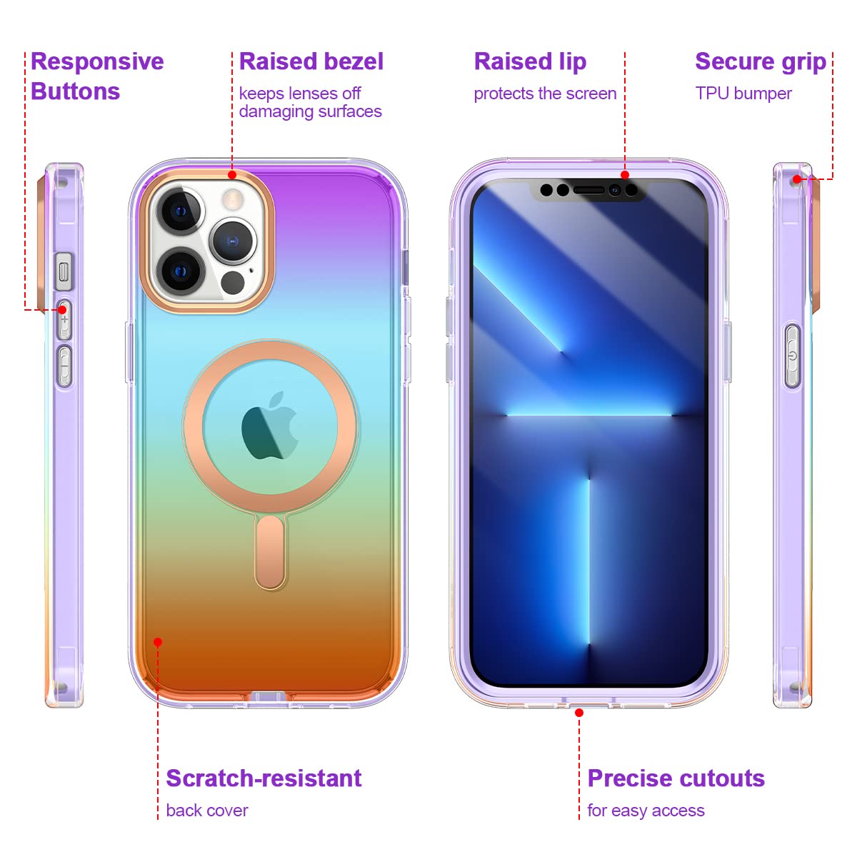Rancase MagSafe-Compatible iPhone 12 Pro Max Case with Screen Protector, Shockproof Full Body Cover for Women & Girls, 6.7", Purple