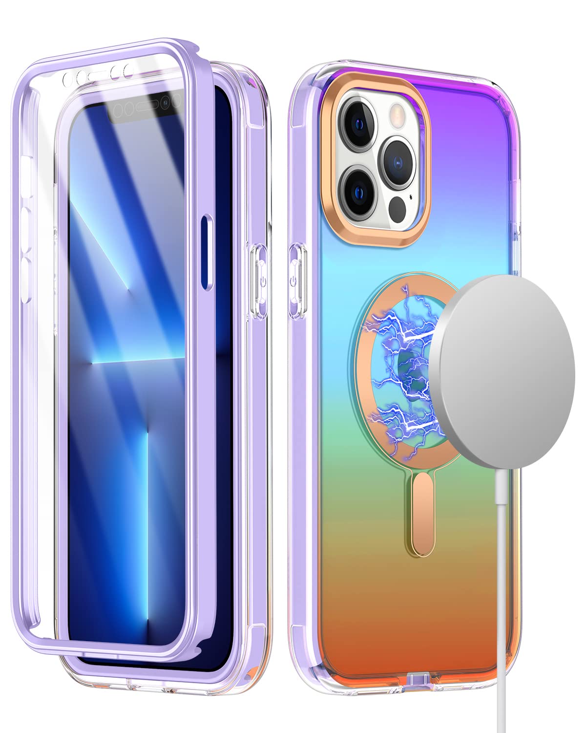 Rancase MagSafe-Compatible iPhone 12 Pro Max Case with Screen Protector, Shockproof Full Body Cover for Women & Girls, 6.7", Purple