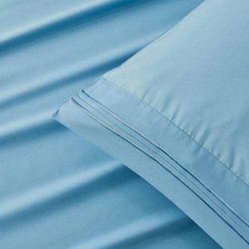 WODFAMY Microfiber Easy Fit Twin Size Bed Sheet Set Extra Soft Deep Pockets Luxury Hotel 3 Piece Set Light Blue Bed Sheets Twin Sheets